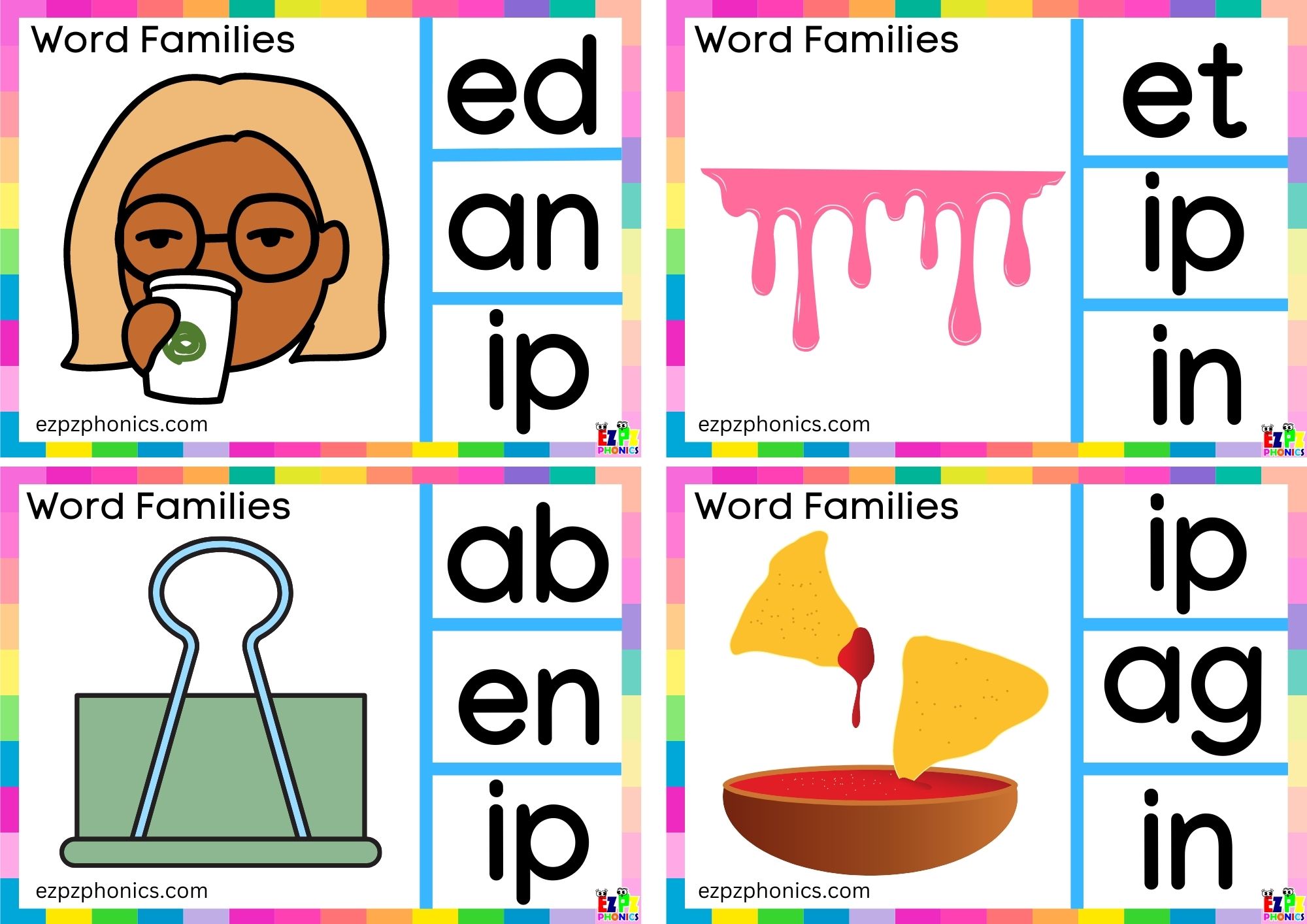 Word Family ip Look at the image and clip the correct letters clip cards group 1 - ezpzphonics.com